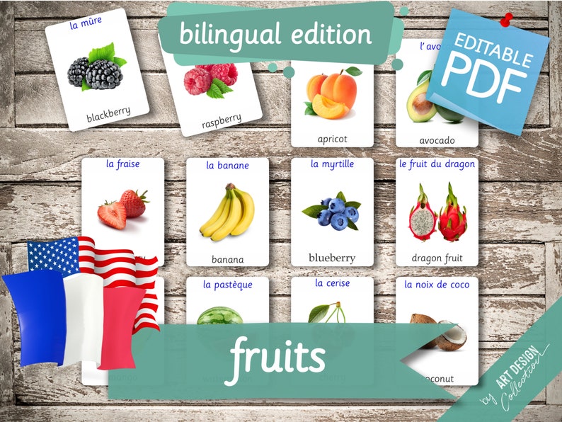 FRUITS real Pictures BILINGUAL 50 Editable Montessori - Etsy