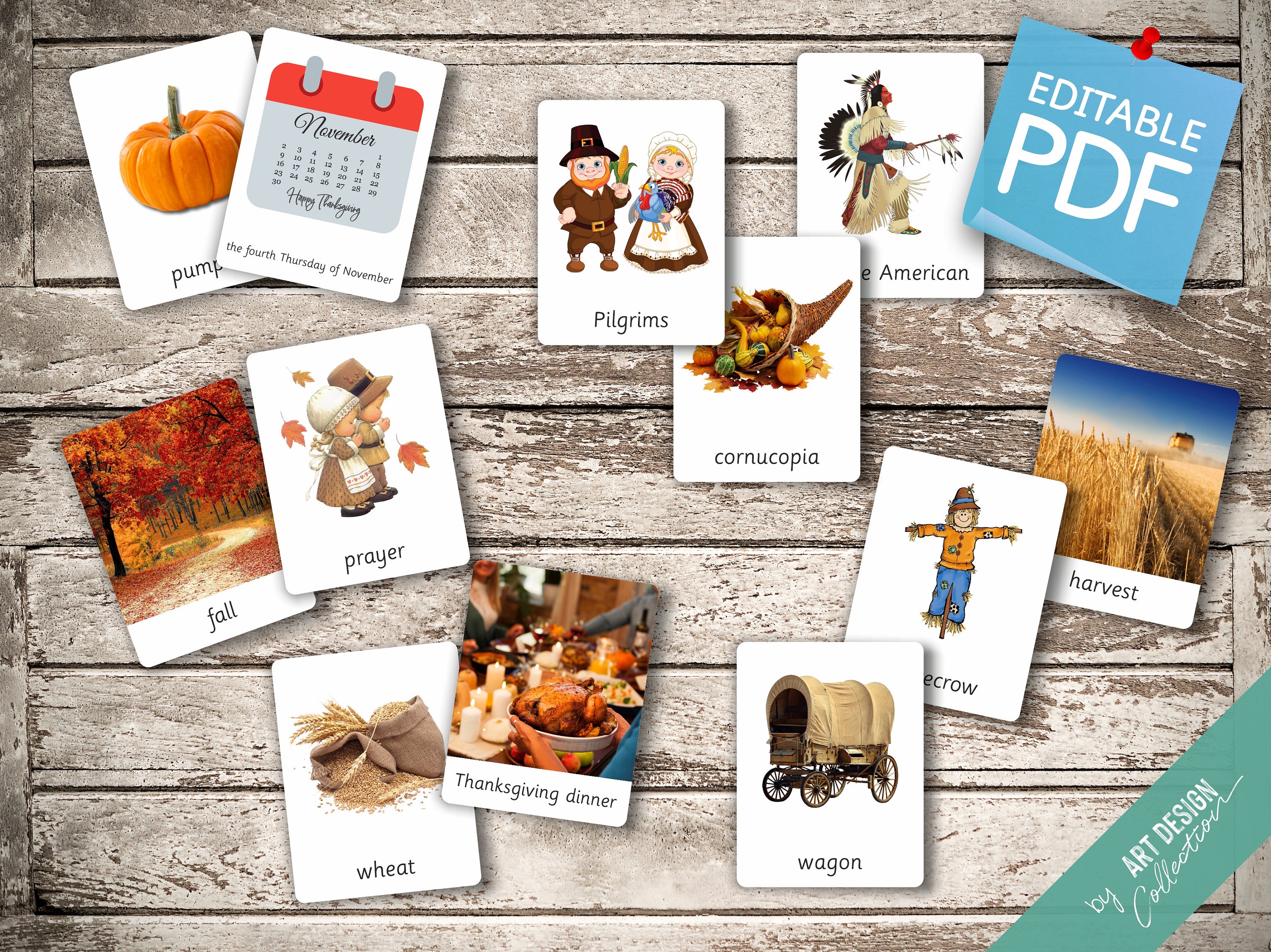 THANKSGIVING Vocabulary 32 Editable Montessori Cards Flash - Etsy