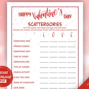 VALENTINE'S Scattergories LOVE Game • Valentines Day Game Holiday Love ...