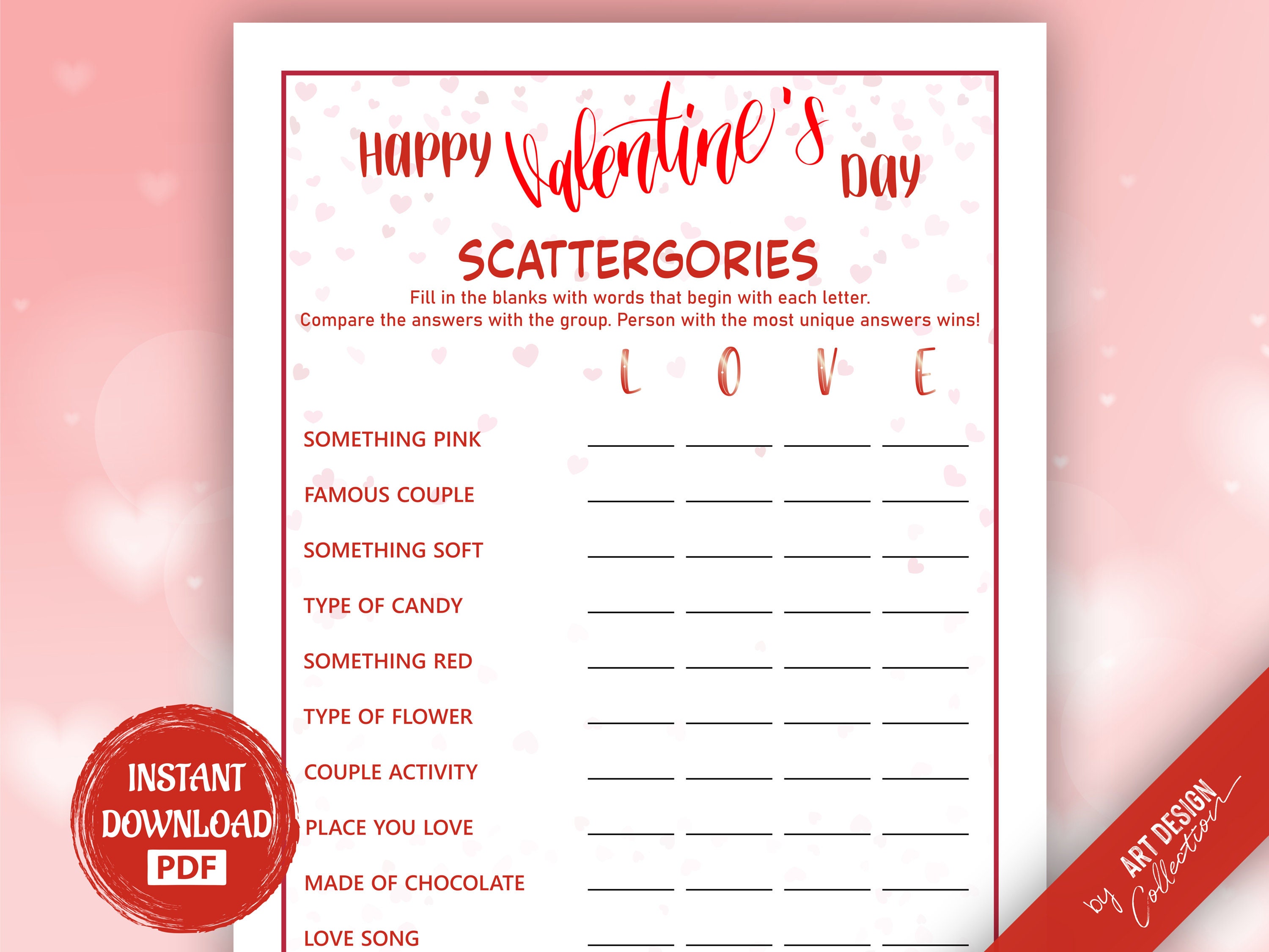 VALENTINE'S Scattergories LOVE Game Valentines Day Game | Etsy