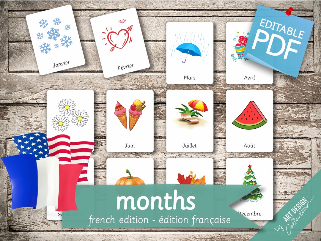 MONTHS FRENCH Edition • 60 French and 60 English Editable Montessori ...