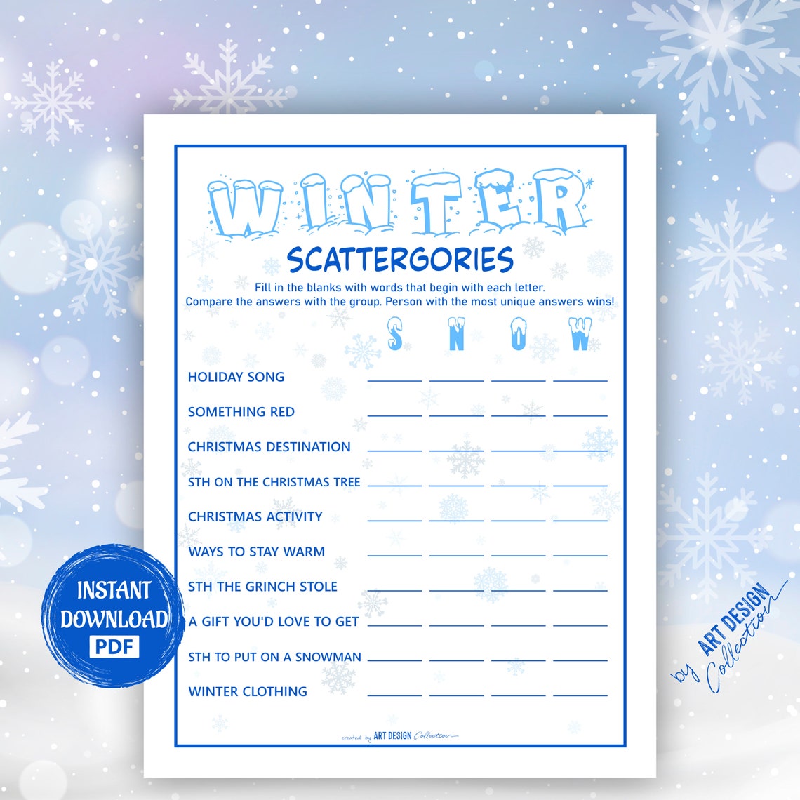 WINTER Scattergories Game Winter Game Holiday Christmas - Etsy