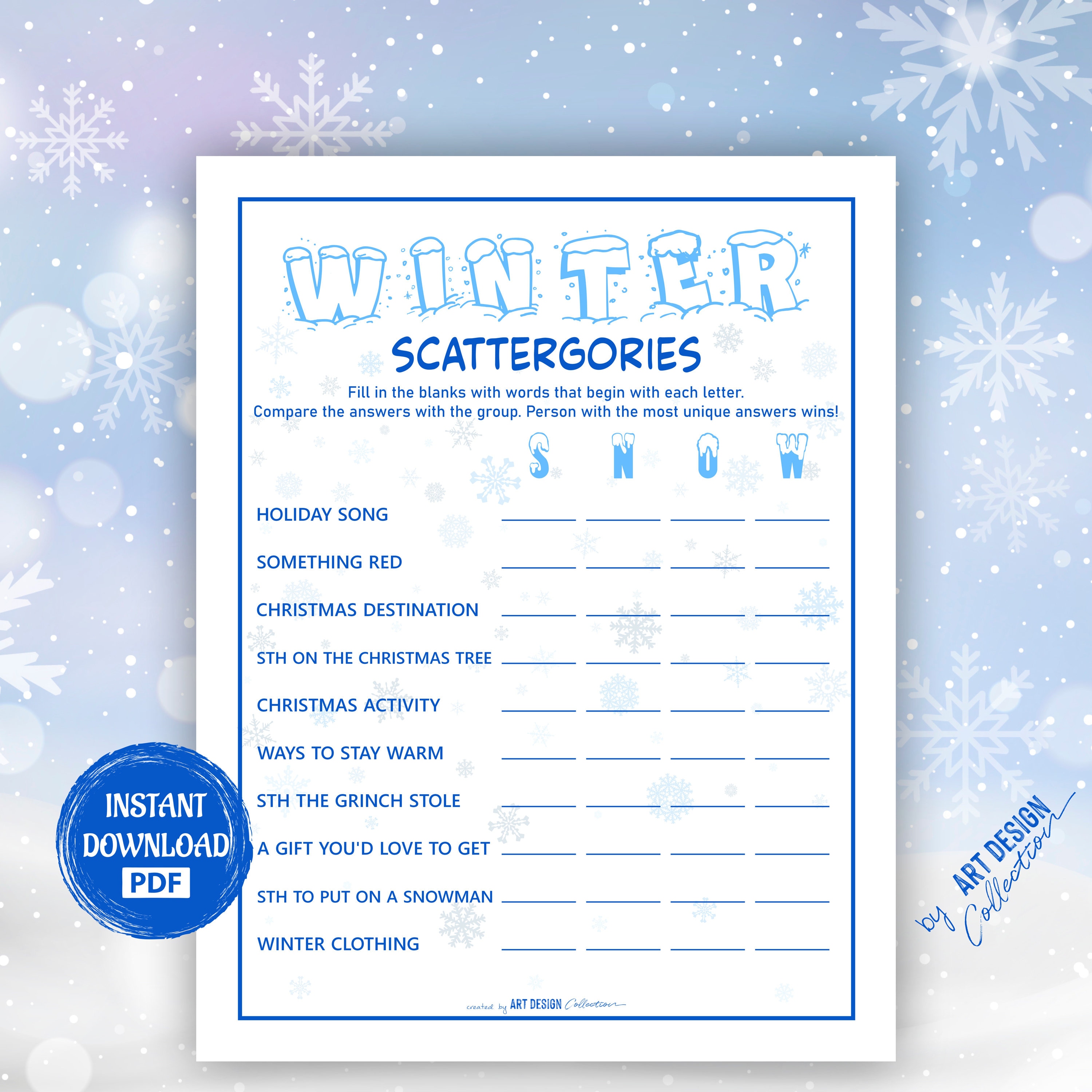WINTER Scattergories Game Winter Game Holiday Christmas - Etsy