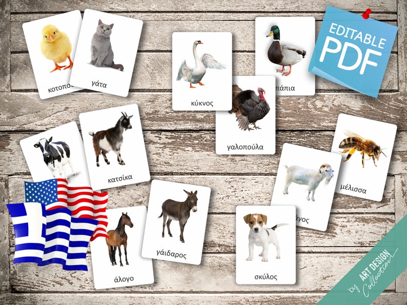 FARM ANIMALS GREEK Edition • 22 Greek and 22 English Editable ...