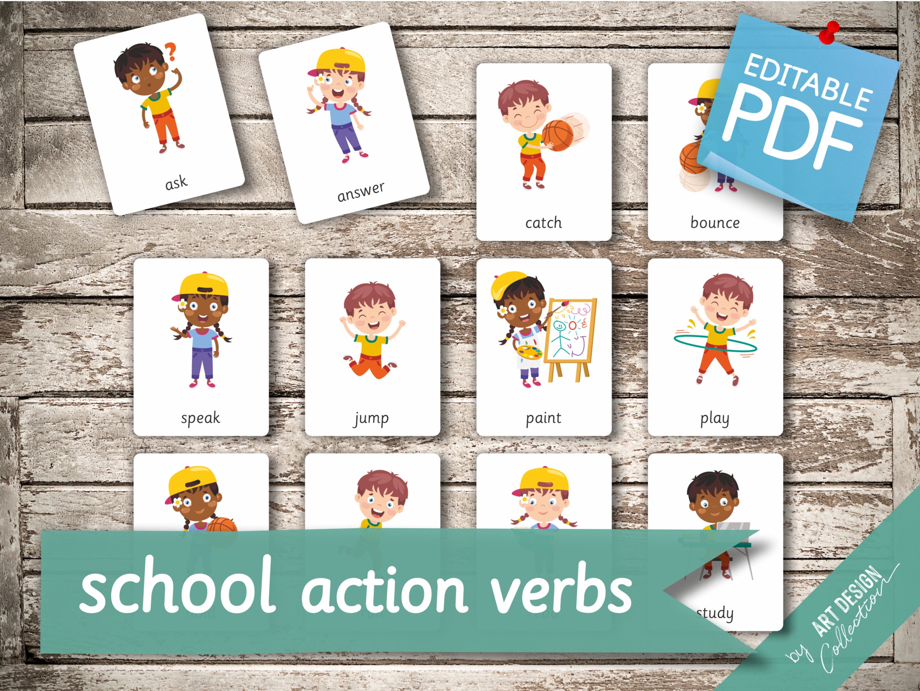 SCHOOL ACTION VERBS 16 Editable Montessori Cards Flash - Etsy