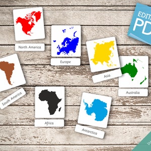 CONTINENTS of the WORLD • 8+8+8 Montessori Cards • LARGE Size World Map ...