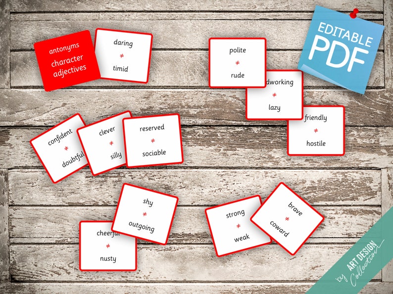 ANTONYMS Character Adjectives 29 Montessori Cards Flash - Etsy