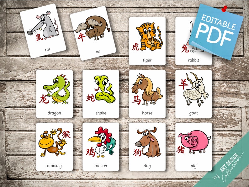 CHINESE ZODIAC SIGNS • 60 Editable Montessori Cards • Flash Cards ...