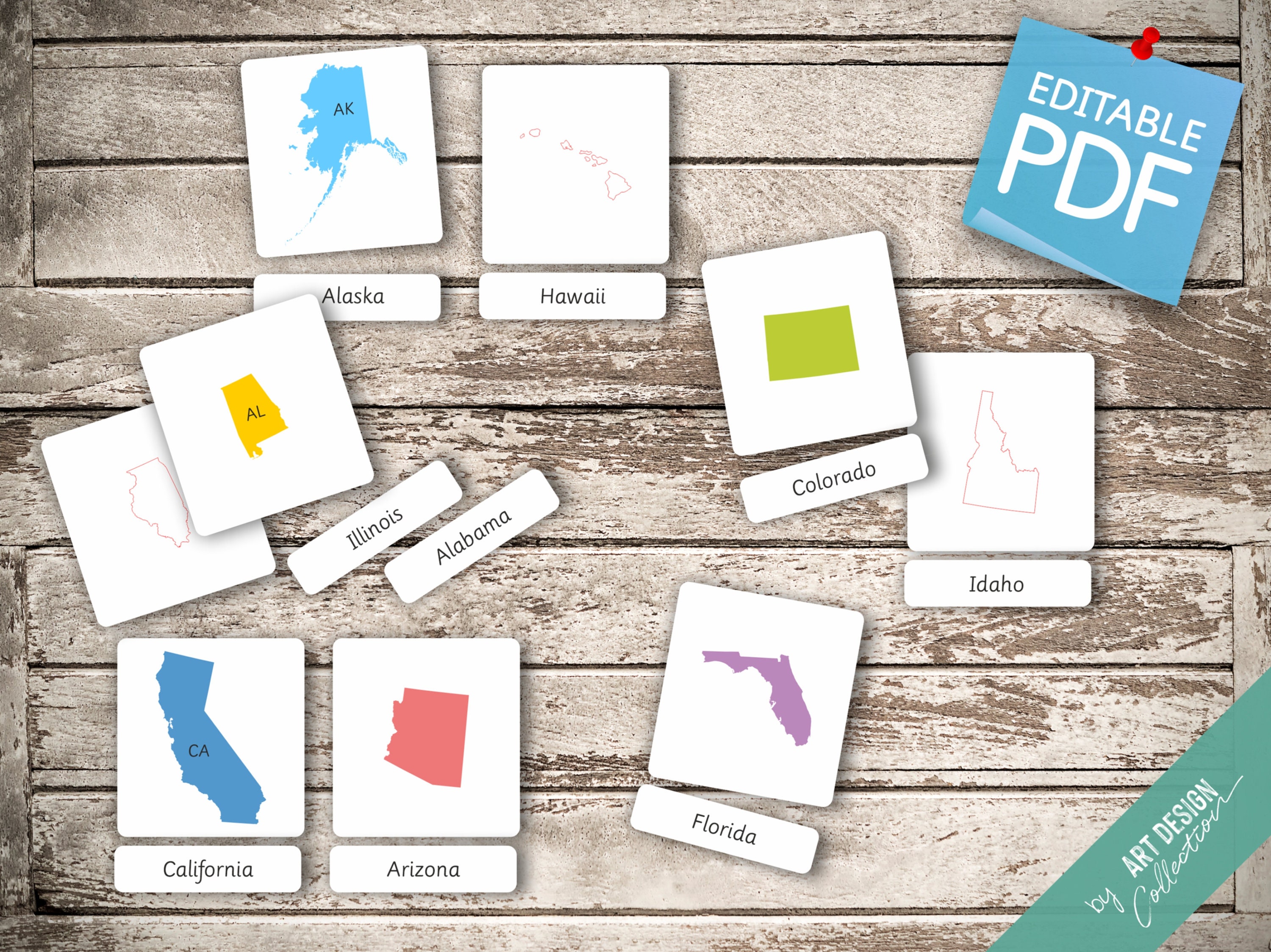 UNITED STATES MAPS 153 Editable Montessori Cards Flash | Etsy
