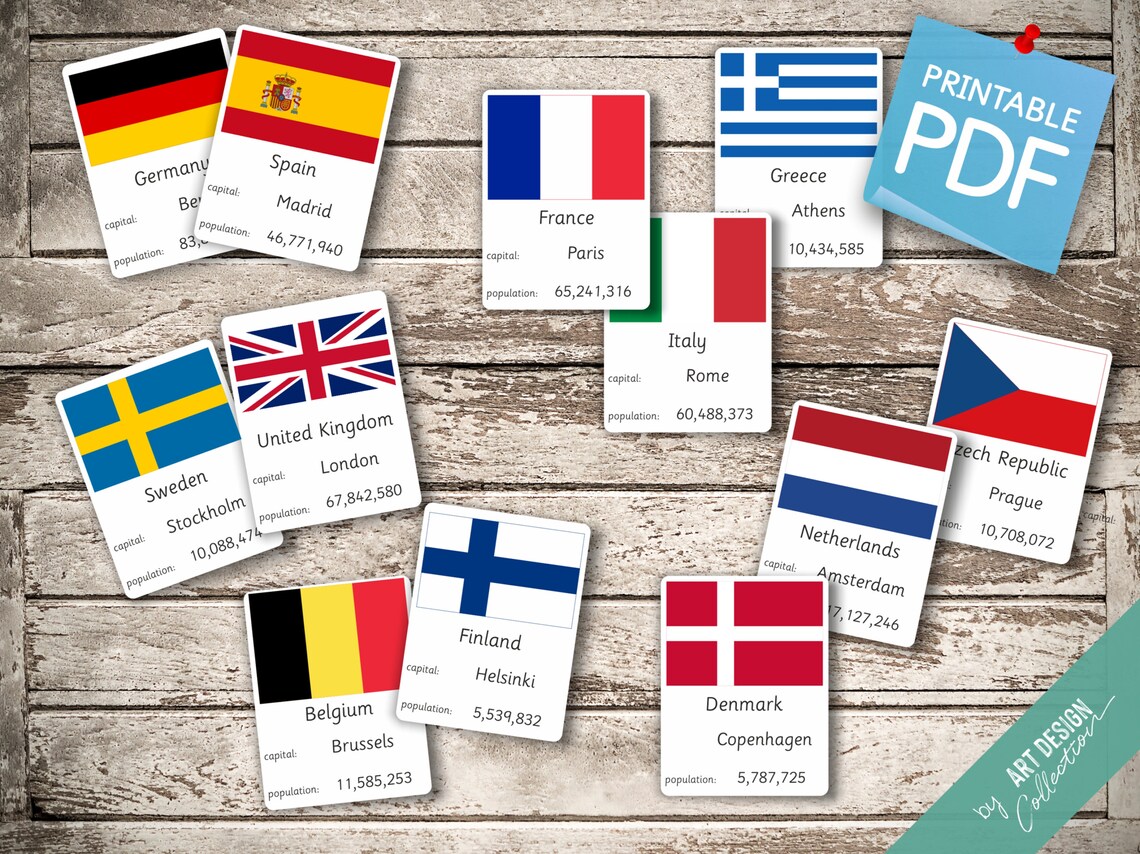 EUROPE FLAGS • 57 Montessori Cards • Flash Cards Nomenclature ...