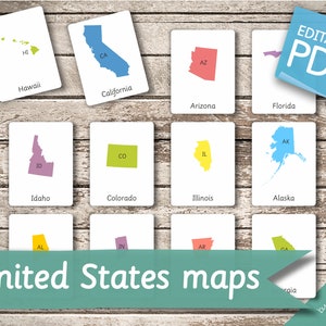 UNITED STATES MAPS • 153 Editable Montessori Cards • Flash Cards ...
