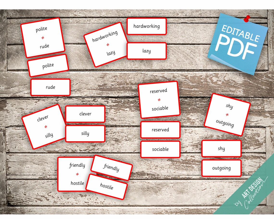 ANTONYMS Character Adjectives 29 Montessori Cards Flash - Etsy