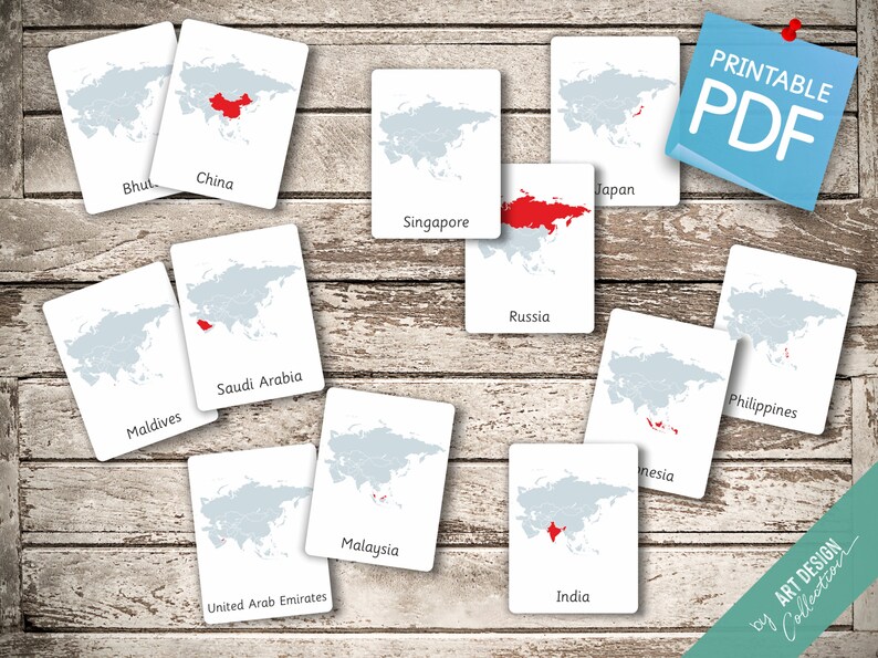 BUNDLE ASIA Flags Maps 48 Montessori Cards Flash Cards | Etsy