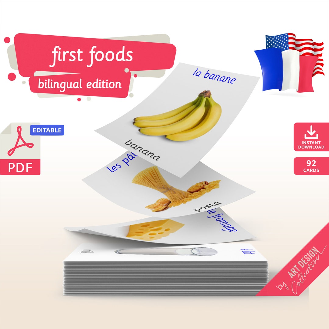 FIRST FOODS (real Pictures) BILINGUAL • 92 Editable Montessori Flash ...