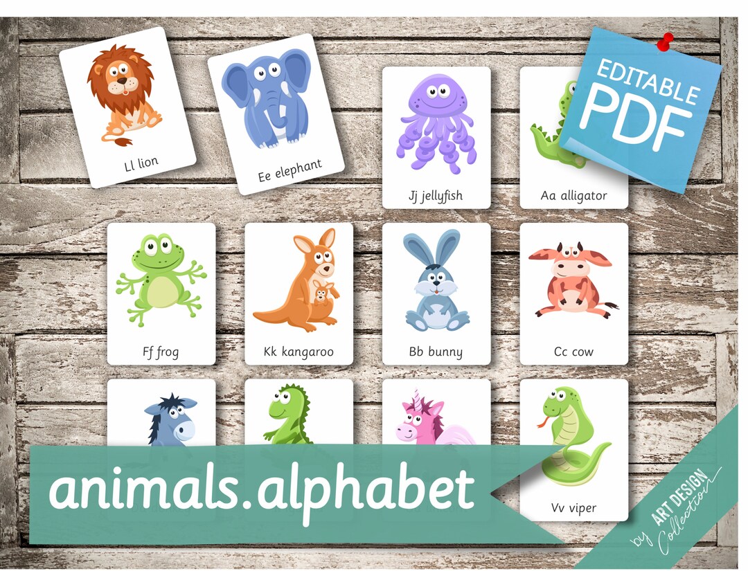 ANIMAL ALPHABET 26 Montessori Cards Flash Cards Nomenclature Flashcards ...