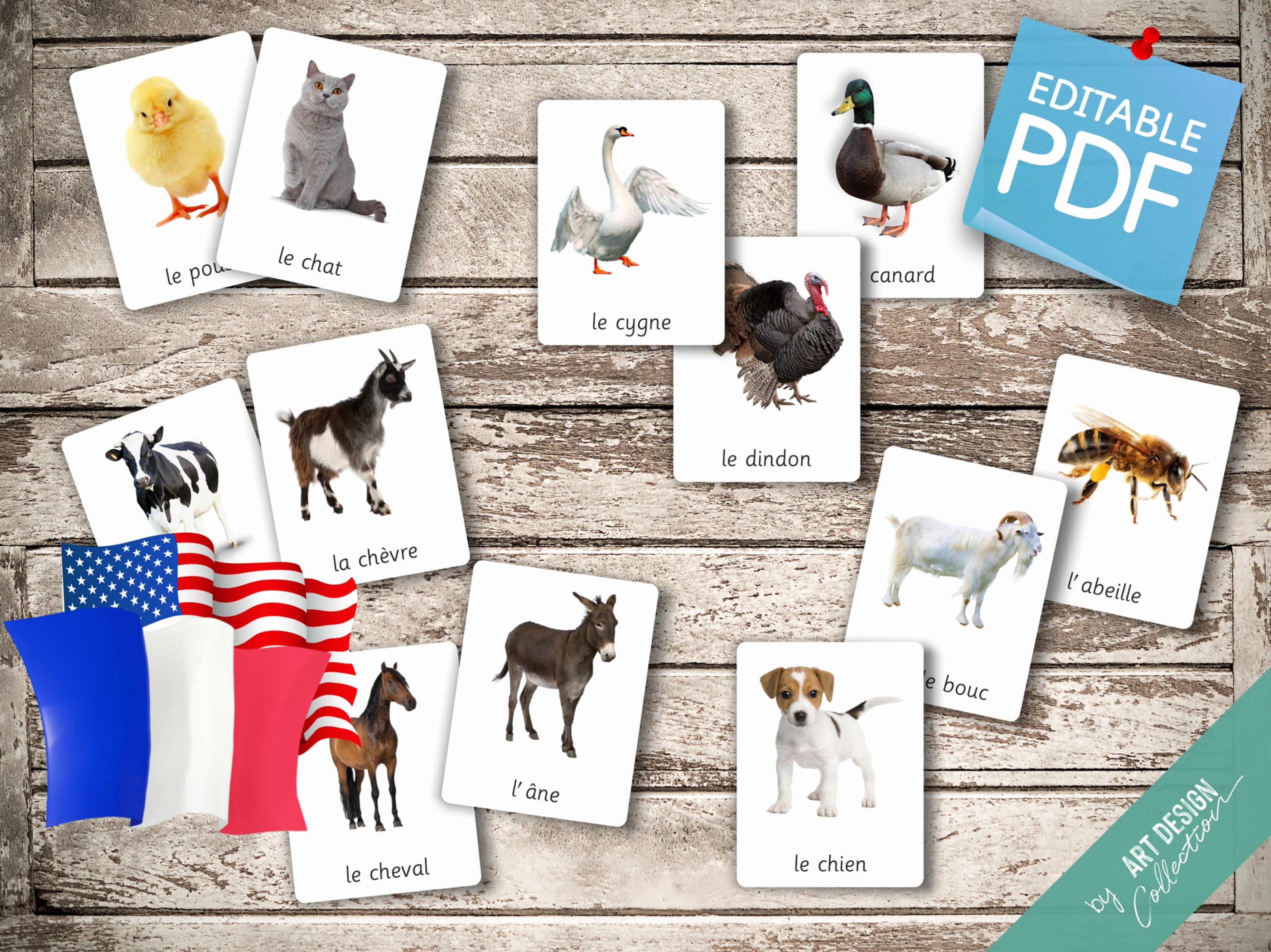 FARM ANIMALS FRENCH Edition • 22 French and 22 English Editable ...