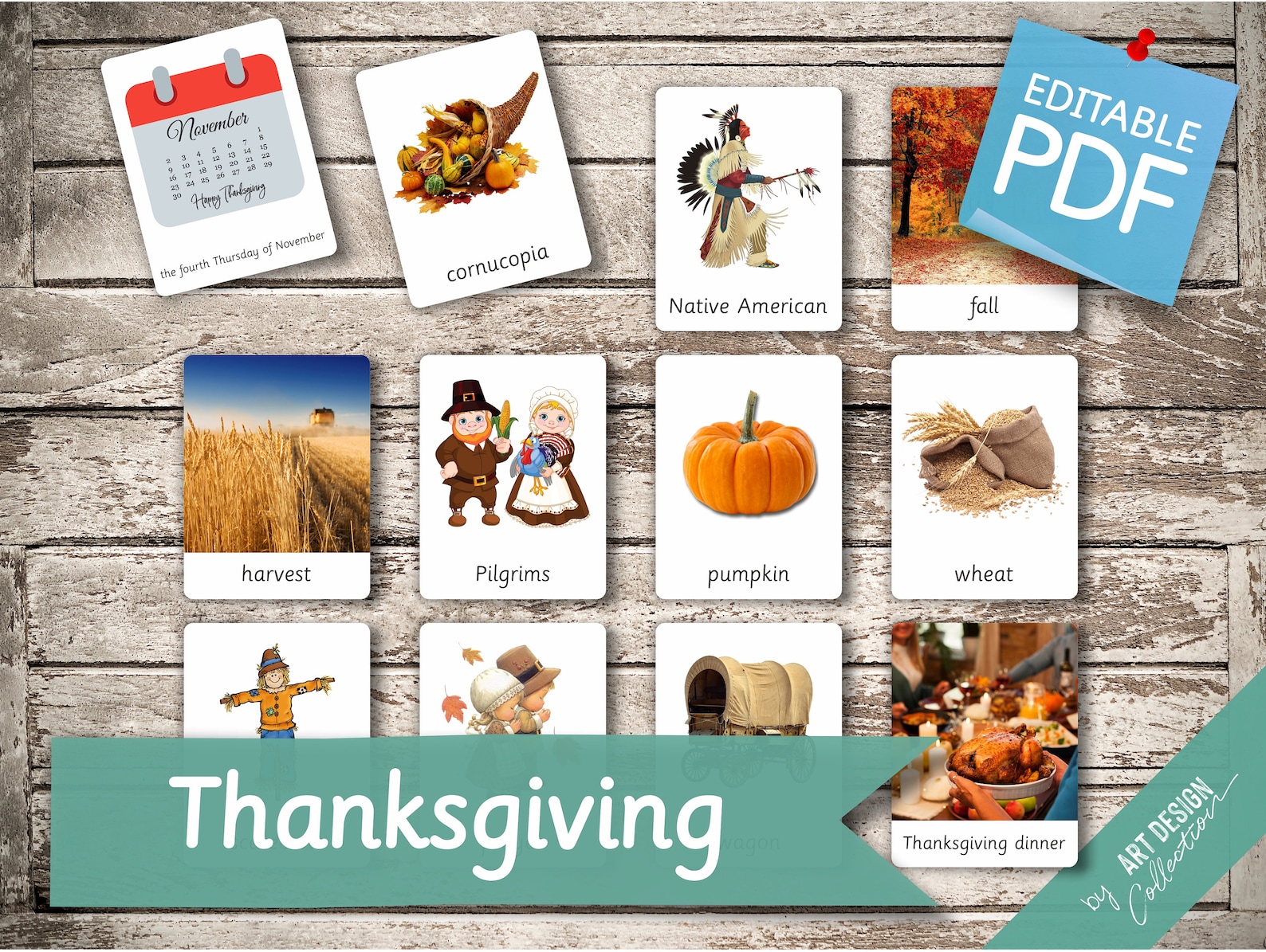 THANKSGIVING Vocabulary 32 Editable Montessori Cards Flash - Etsy