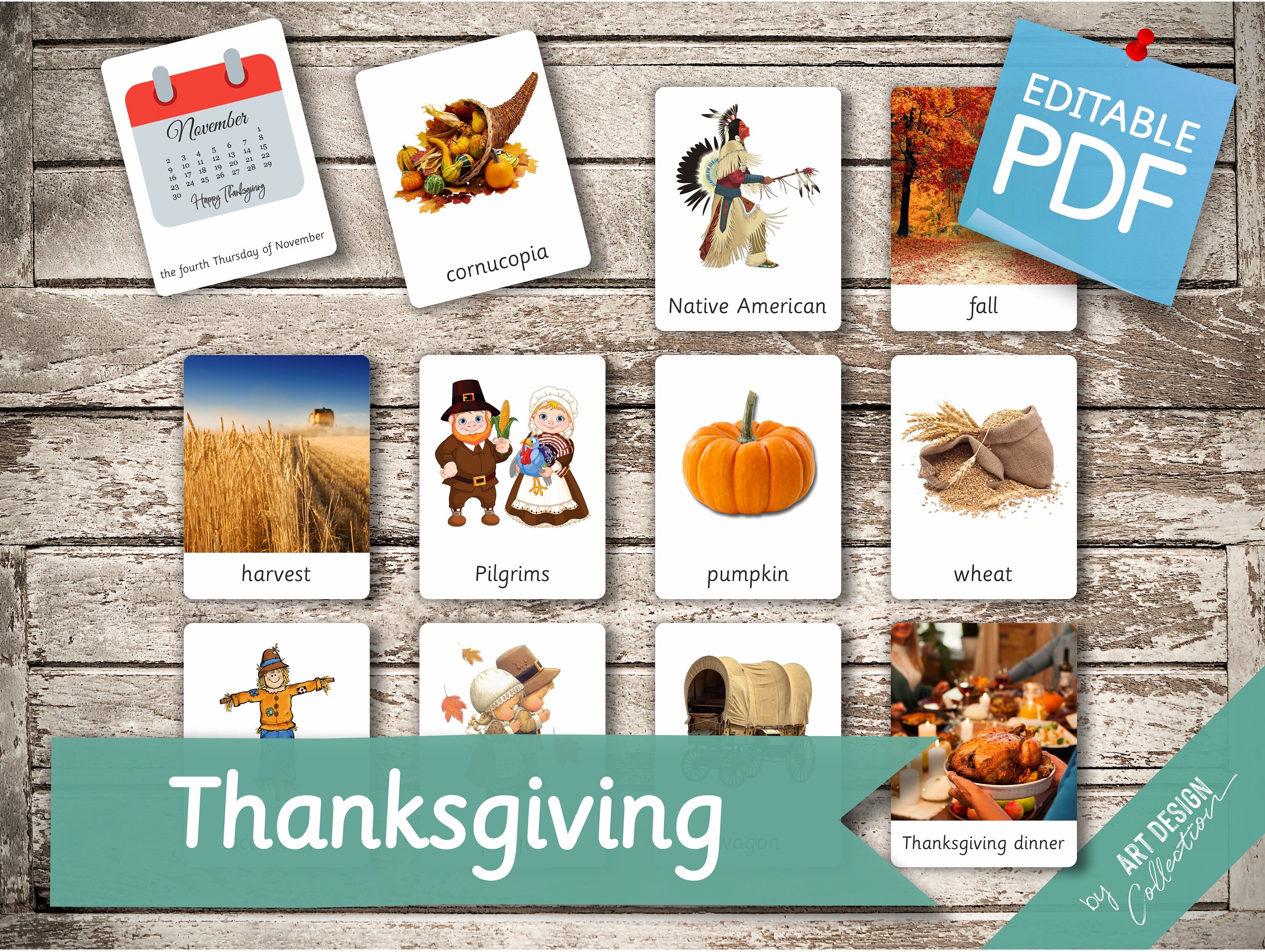 THANKSGIVING Vocabulary 32 Editable Montessori Cards Flash - Etsy