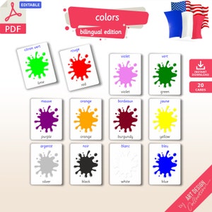 COLORS BILINGUAL • 20 Editable Montessori Flash Cards Nomenclature ...