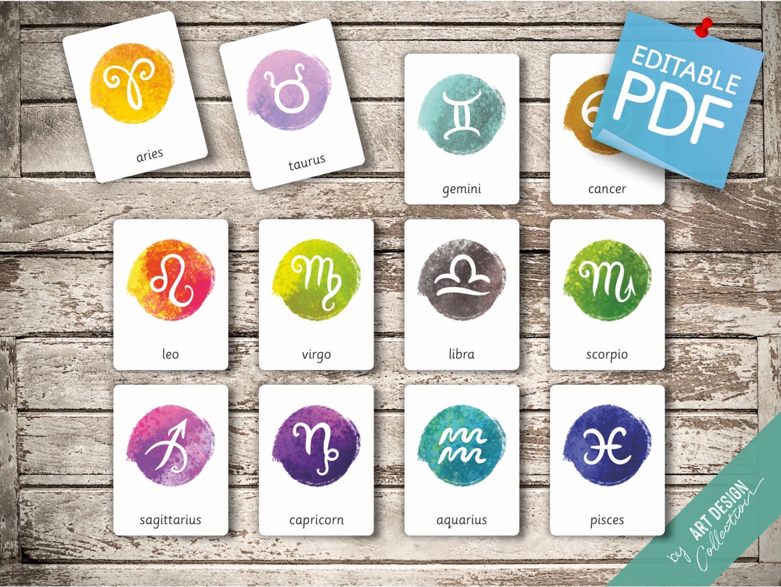 ZODIAC SIGNS 48 Editable Montessori Cards Flash Cards - Etsy