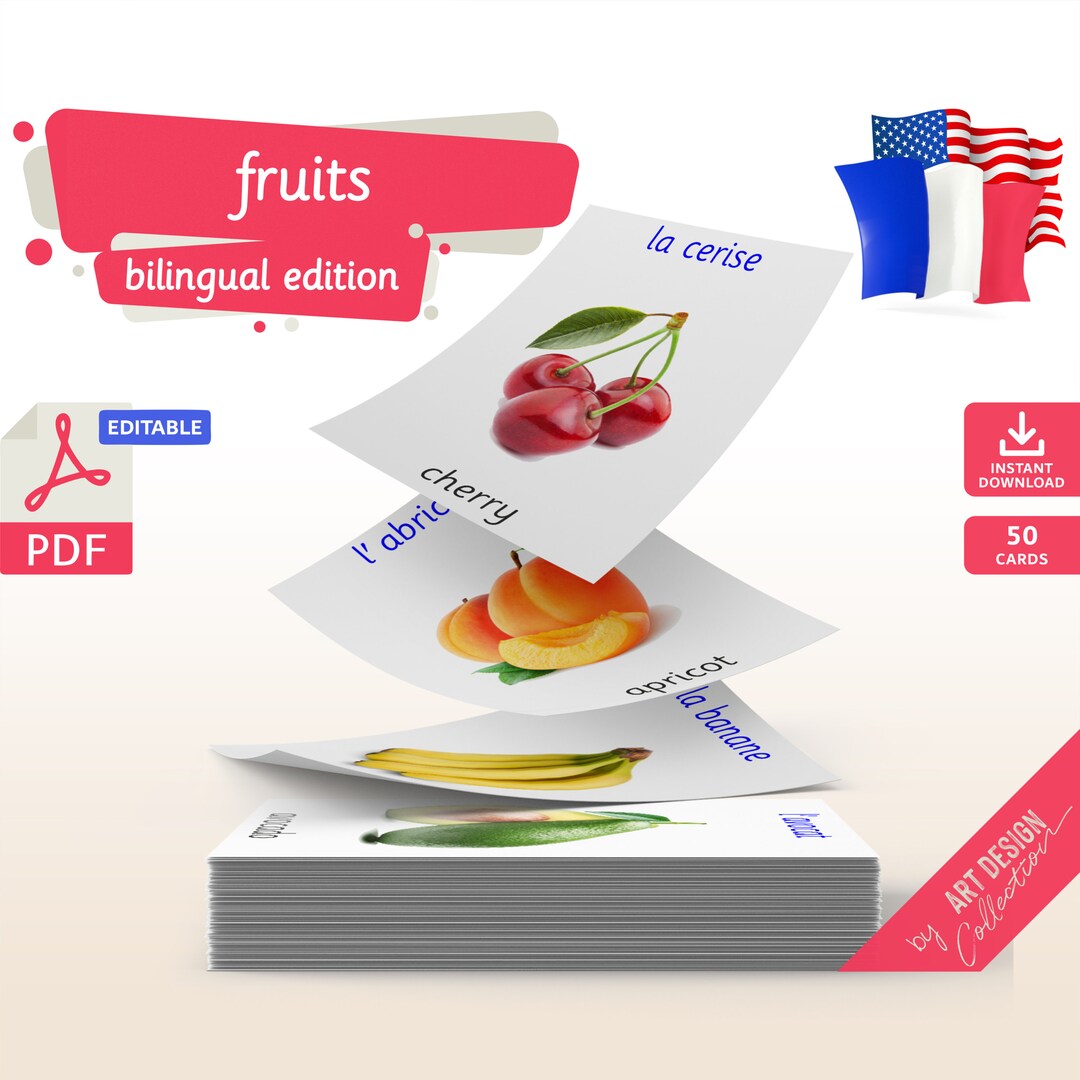 FRUITS (real Pictures) BILINGUAL • 50 Editable Montessori Cards Flash ...