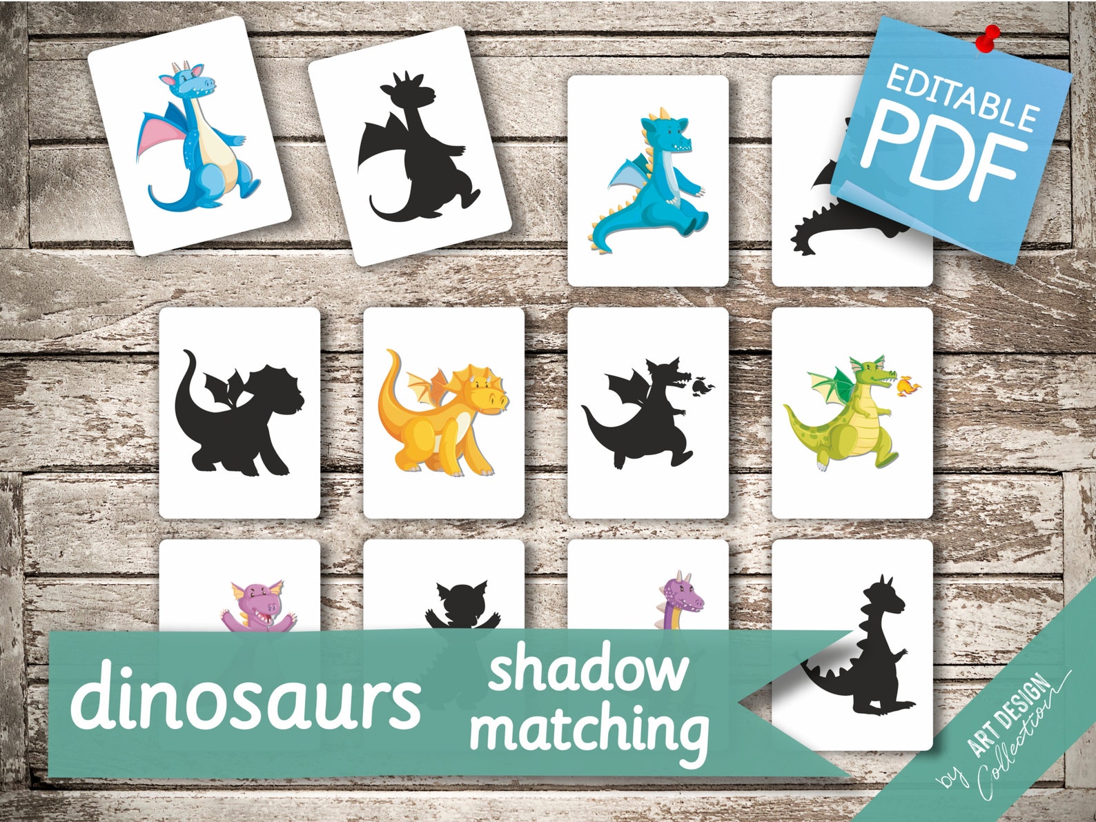 DINOSAURS SHADOW MATCHING Cards 60 Montessori Cards Flash | Etsy