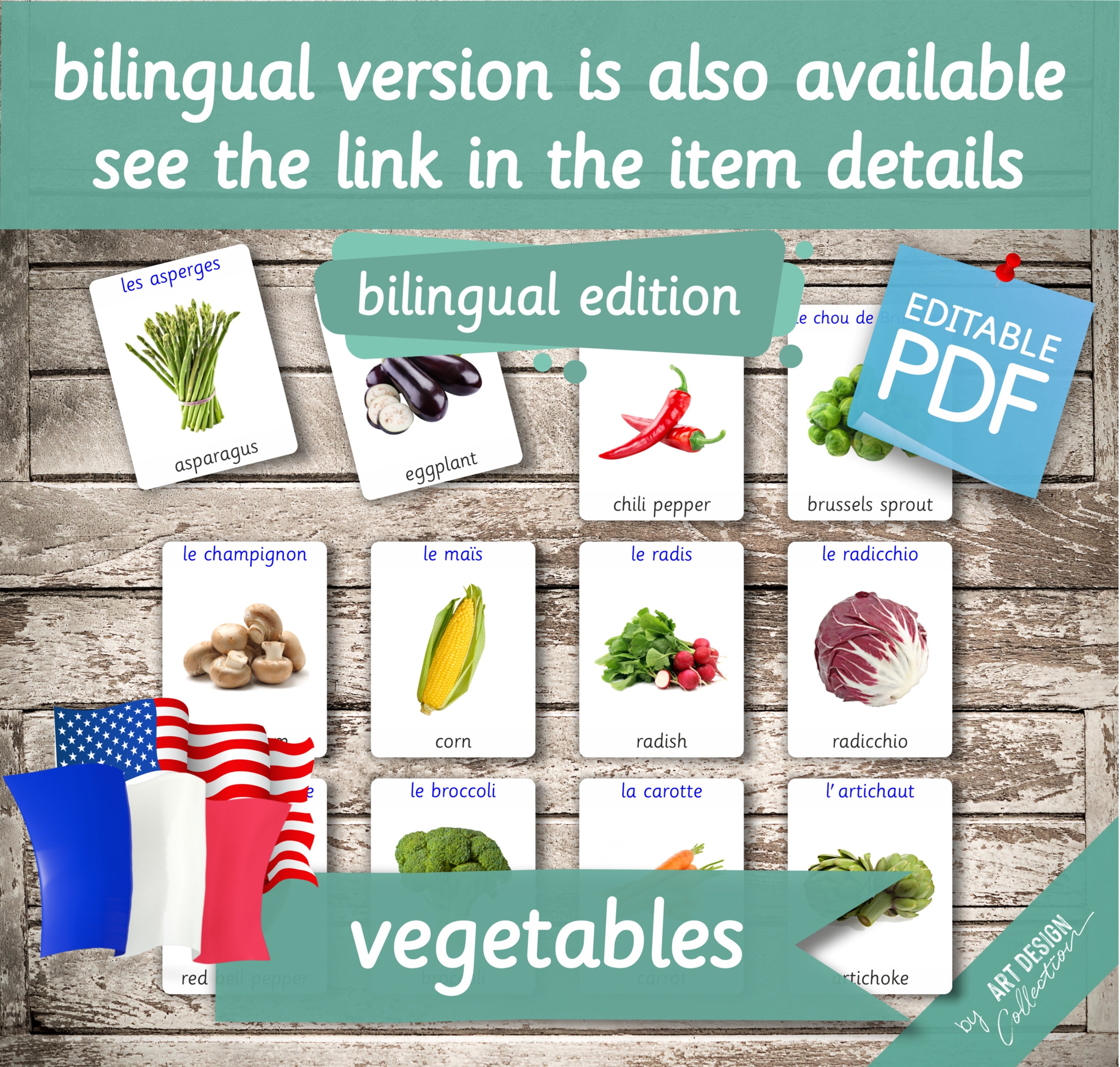 VEGETABLES (real Pictures) • 46 Editable Montessori Cards • Flash Cards ...
