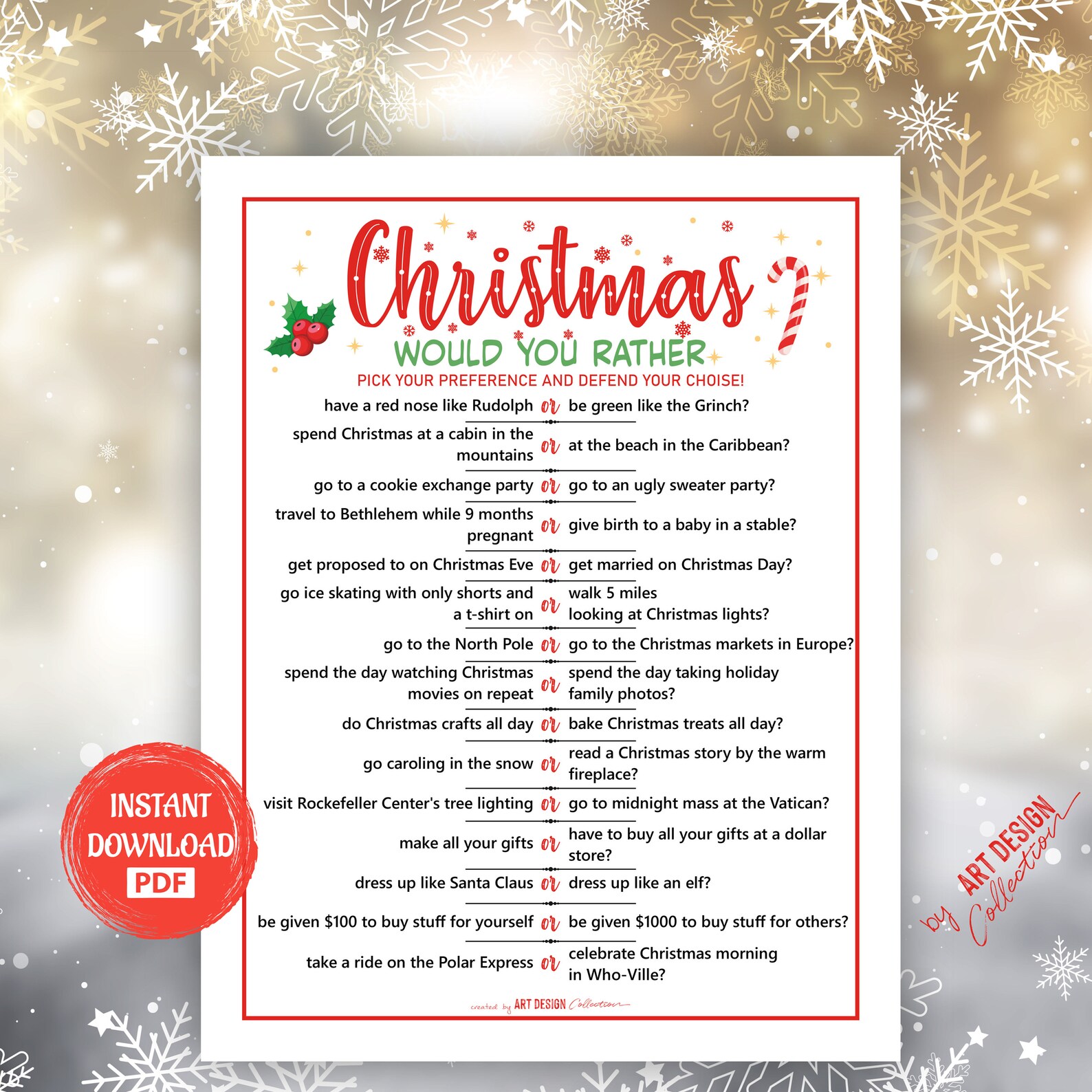 CHRISTMAS WOULD You RATHER Game Christmas Game Holiday - Etsy