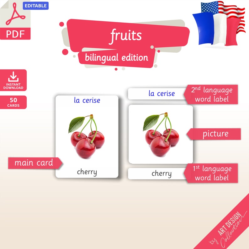 FRUITS real Pictures BILINGUAL 50 Editable Montessori - Etsy