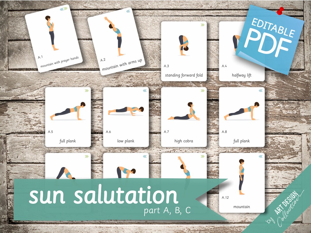 SUN SALUTATION Yoga Poses (part A, B, C) • 42 Editable Montessori Cards ...