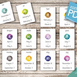 CHINESE ZODIAC SIGNS • 60 Editable Montessori Cards • Flash Cards ...