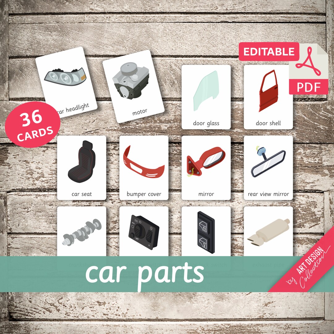 CAR PARTS • 36 Montessori Cards • Large Size A1 Flash Cards ...
