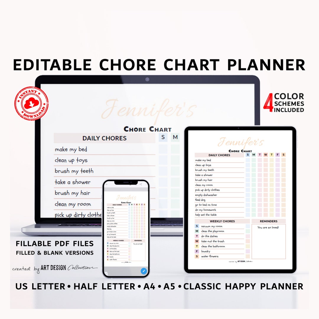 Editable Daily & Weekly Kids Chore Responsibility Chart Planner ...
