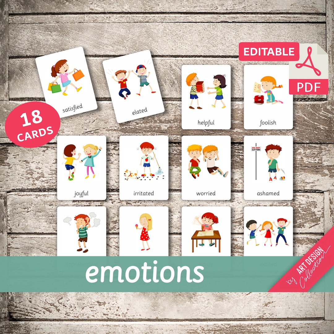 EMOTIONS • 18 Montessori Cards • Flash Cards Nomenclature Flashcards ...