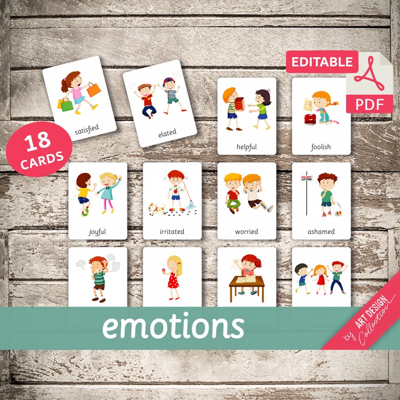EMOTIONS • 18 Montessori Cards • Flash Cards Nomenclature Flashcards ...