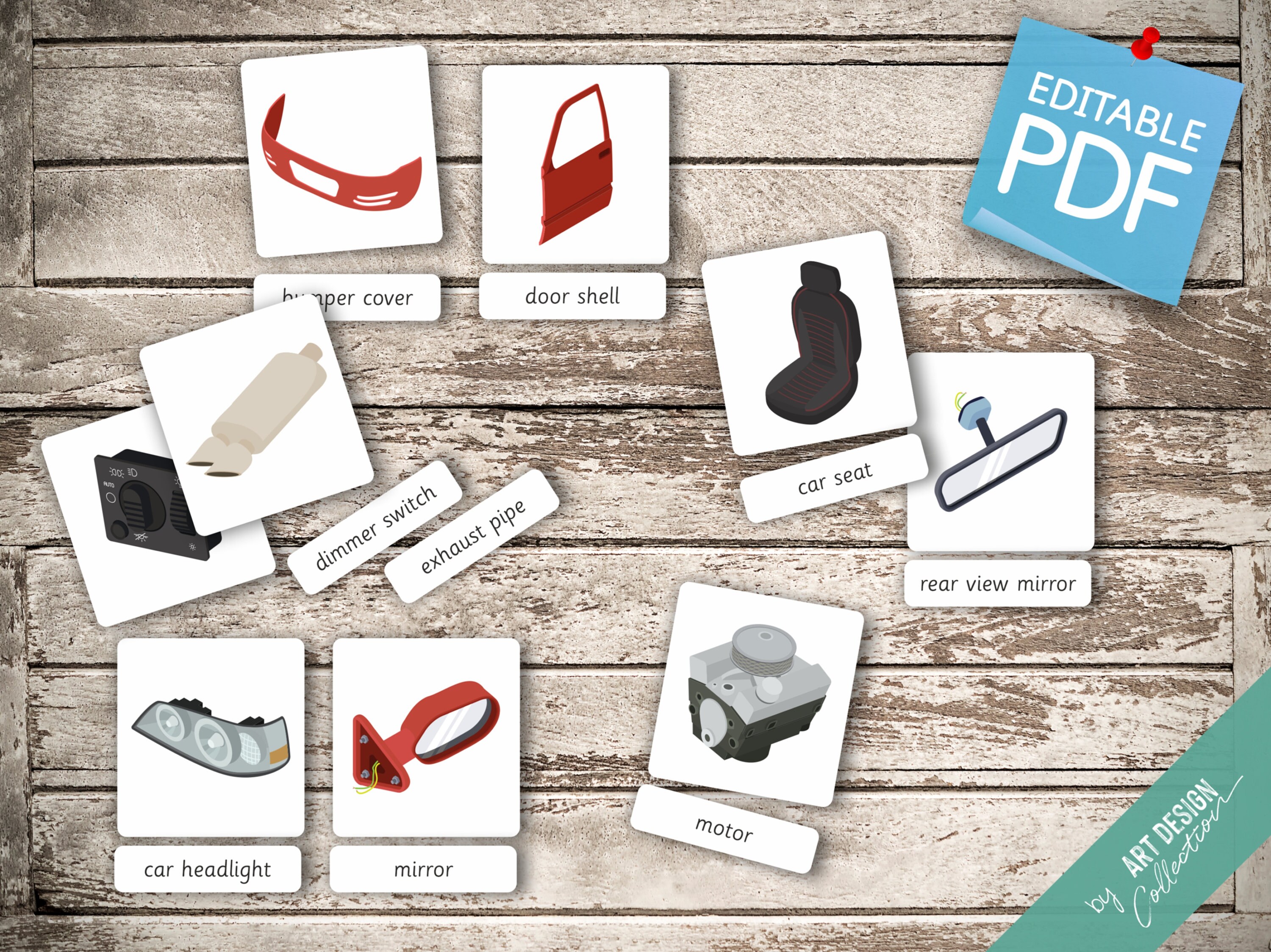 CAR PARTS • 36 Montessori Cards • Large Size A1 Flash Cards ...