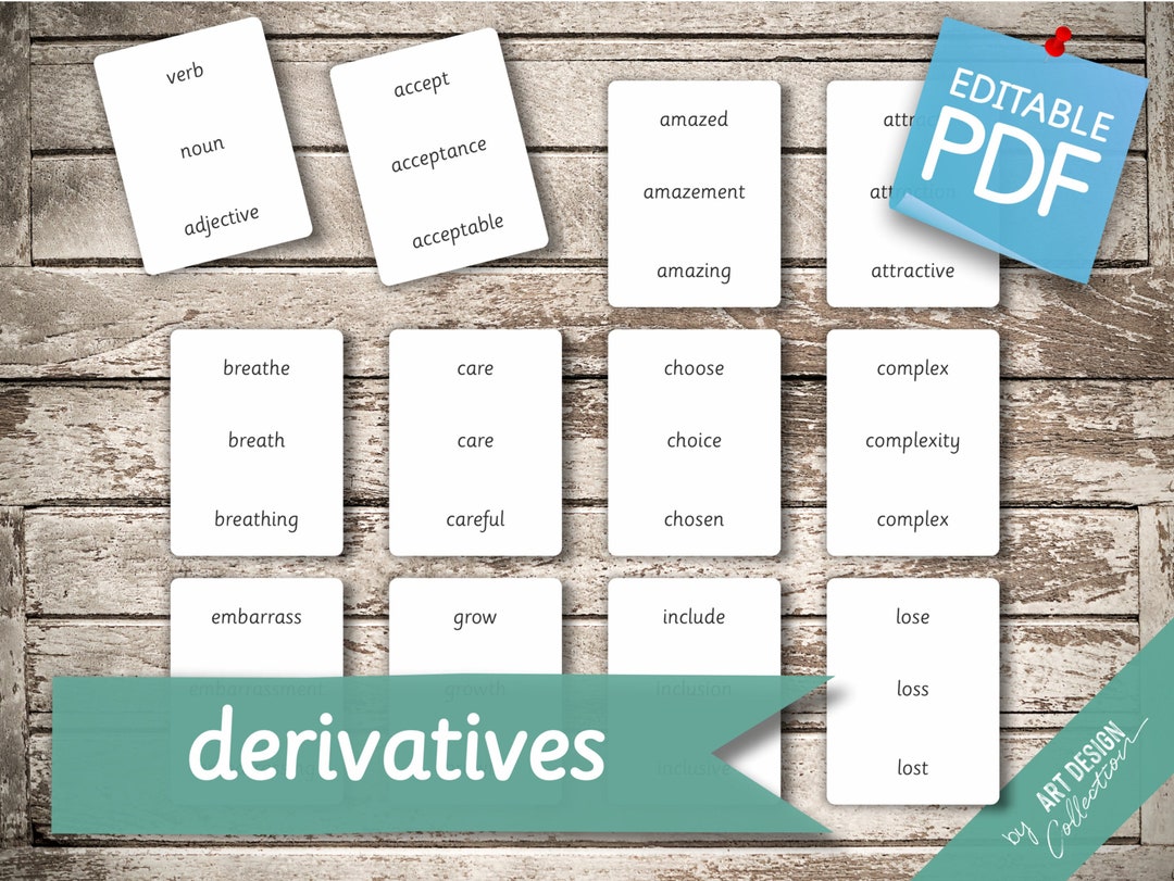 DERIVATIVES Verbs, Nouns and Adjectives • 118 Montessori Cards • Flash ...