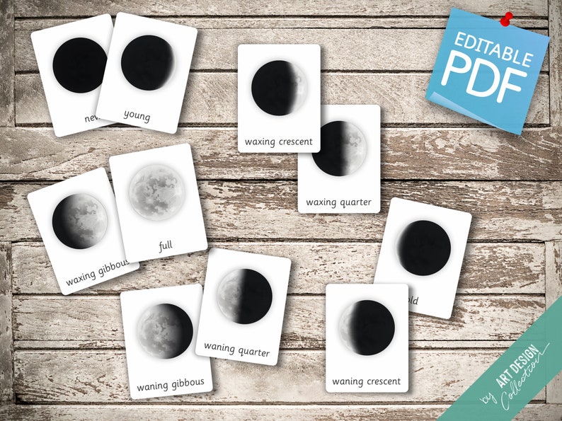 MOON PHASES 10 Editable Montessori Cards Flash Cards | Etsy