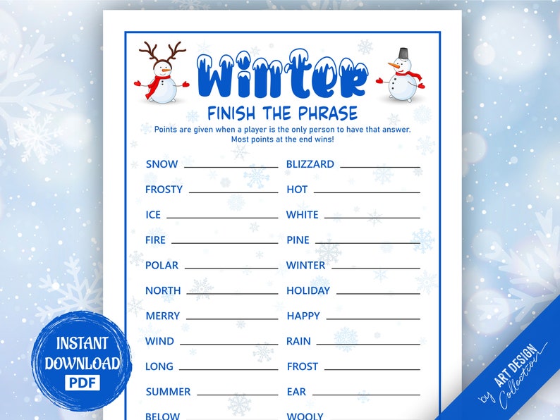 WINTER FINISH the PHRASE Game Christmas Game Holiday | Etsy