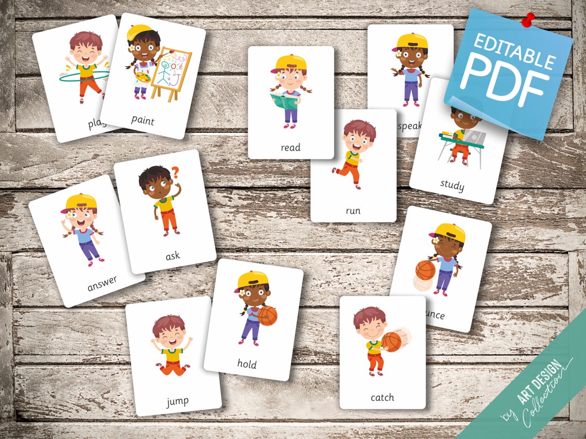 SCHOOL ACTION VERBS 16 Editable Montessori Cards Flash - Etsy