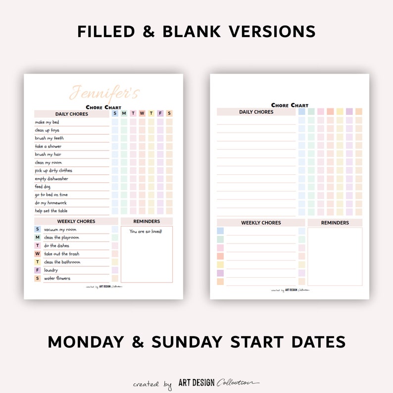 Editable Daily & Weekly Kids Chore Responsibility Chart - Etsy