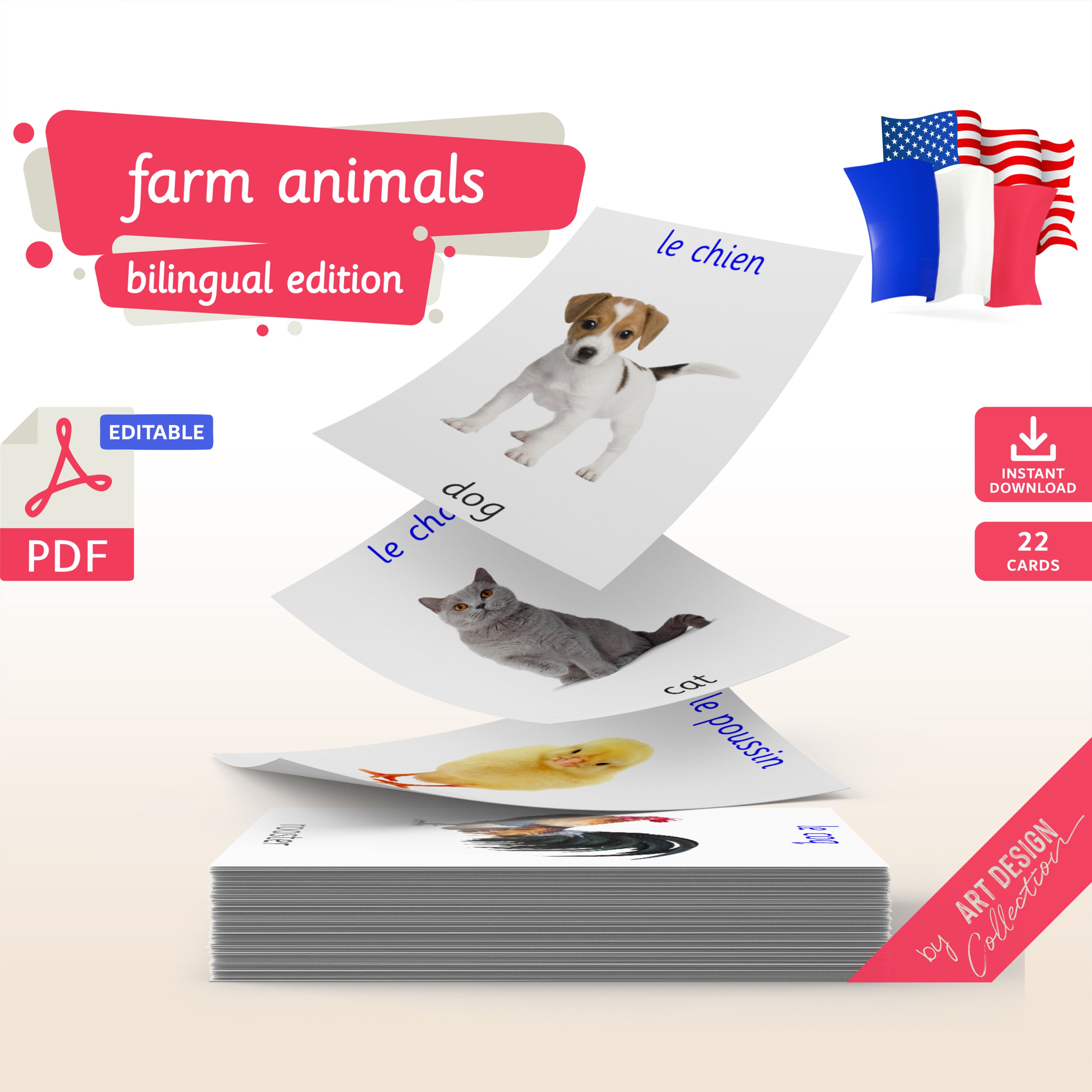 FARM ANIMALS BILINGUAL • 22 Editable Montessori Cards • Flash Card ...
