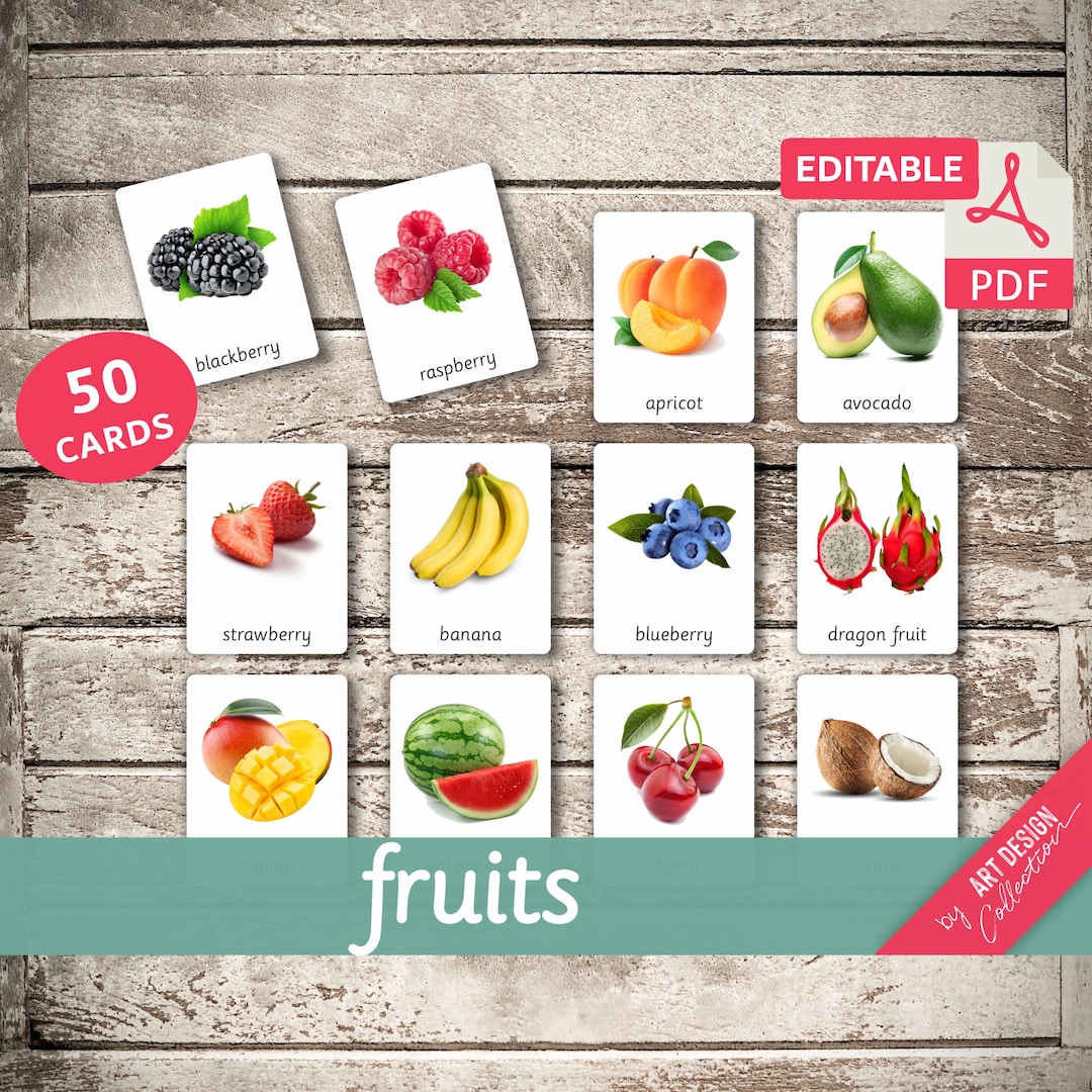 FRUITS (real Pictures) • 50 Editable Montessori Cards • Flash Cards ...