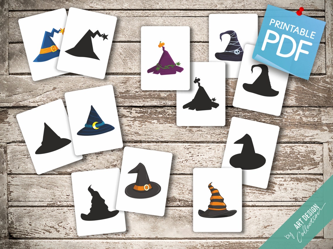 Witch's HAT Shadow Matching Cards Halloween 40 hats - Etsy