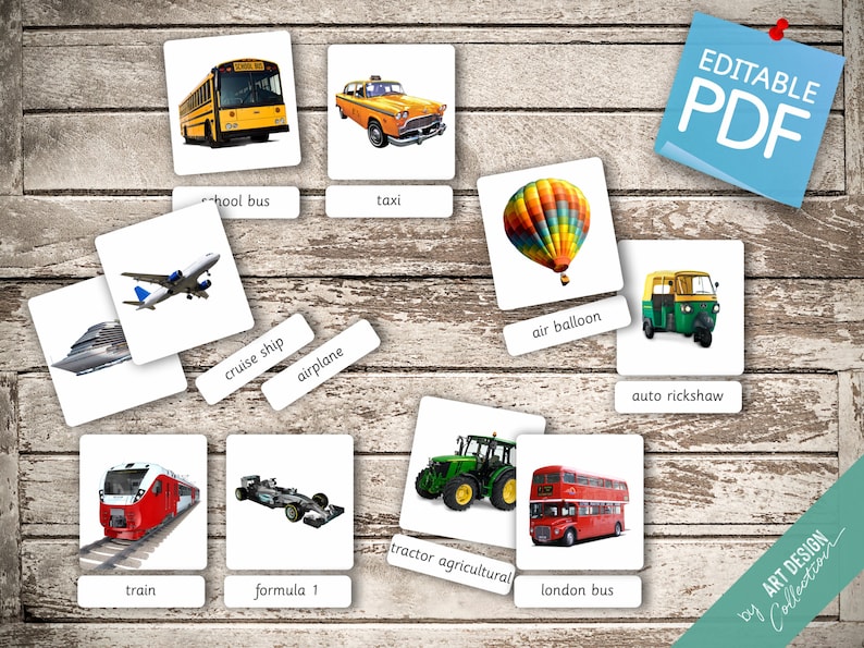 VEHICLES • 62 Montessori Cards • Flash Cards Nomenclature Flashcards ...