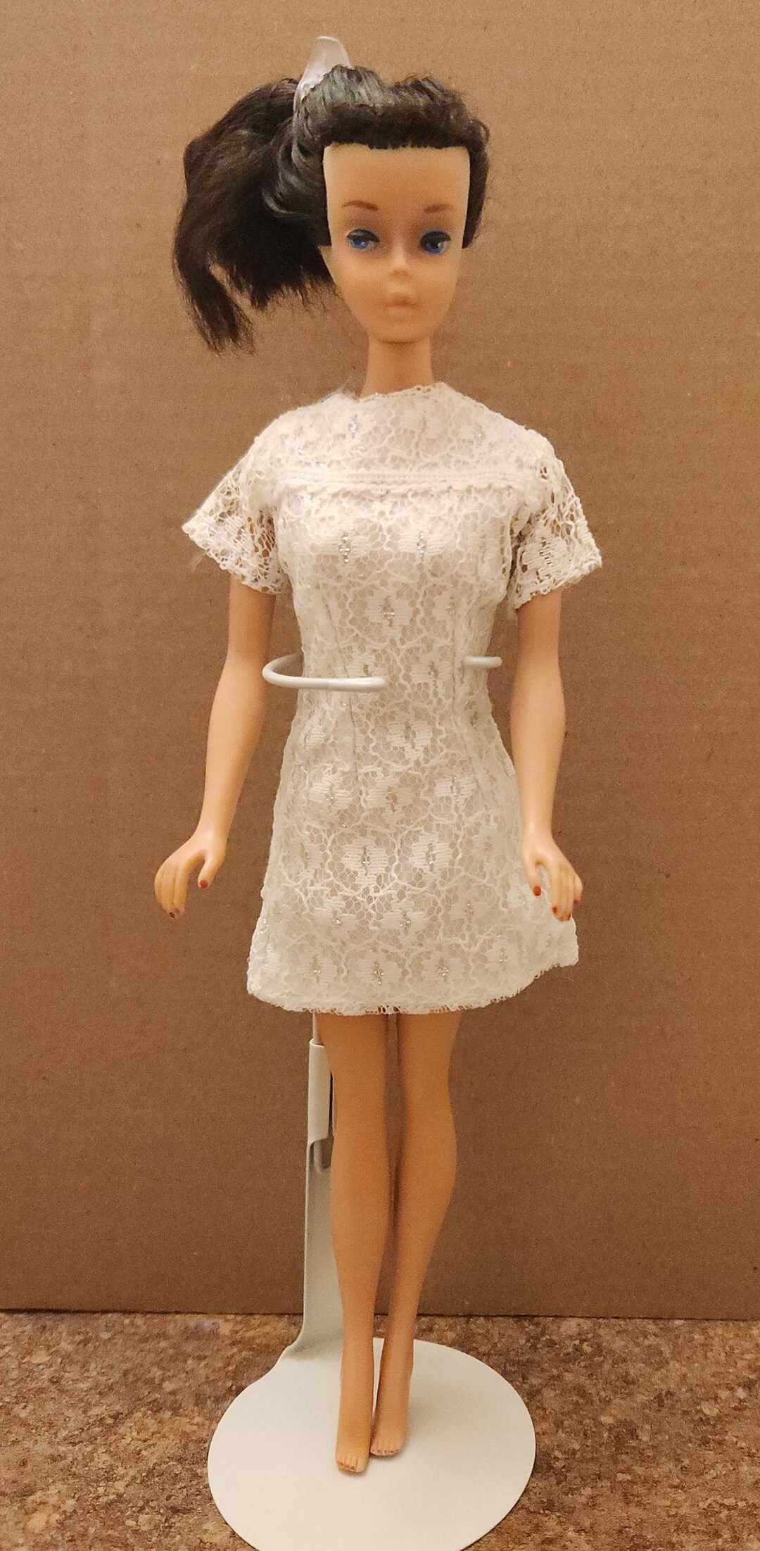 Vintage Early 4 Heavy Body Ponytail Brunette Barbie Doll Sparkly White ...