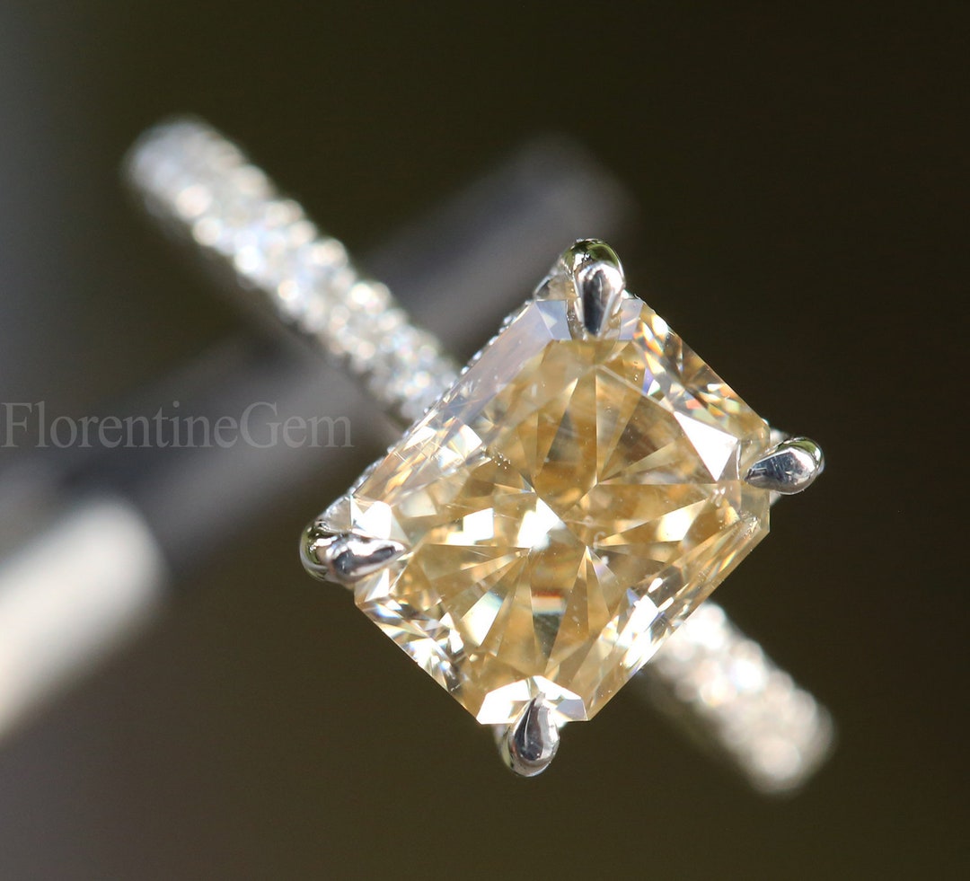2.56 CT Radiant Shape Champagne Yellow Moissanite Hidden Halo Ring ...