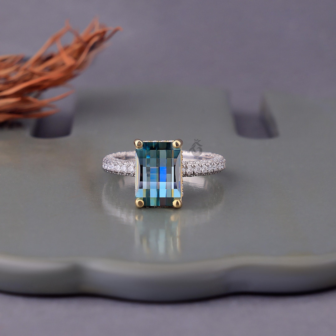 Pixel Cut Cyan Blue Moissanite Hidden Halo Wedding Ring,three Sided ...