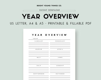 Yearly Overview Printable Planner, Yearly Planner, Year at a Glance ...