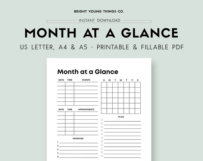 Printable Monthly Calendar, Printable Planner, Month at A Glance ...